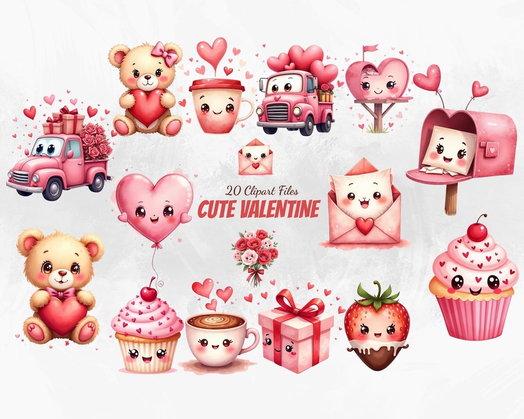 Cute Valentine Clipart PNG | Kawaii Hearts & Gifts | Kids Valentine ...