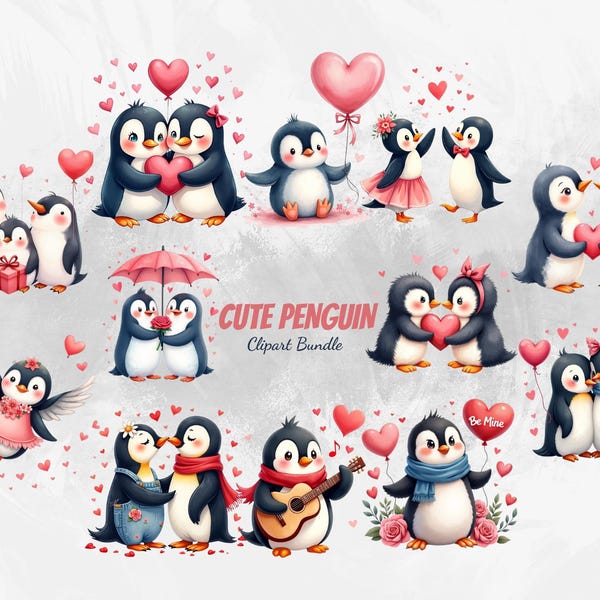 Valentine Penguin Clipart - Etsy