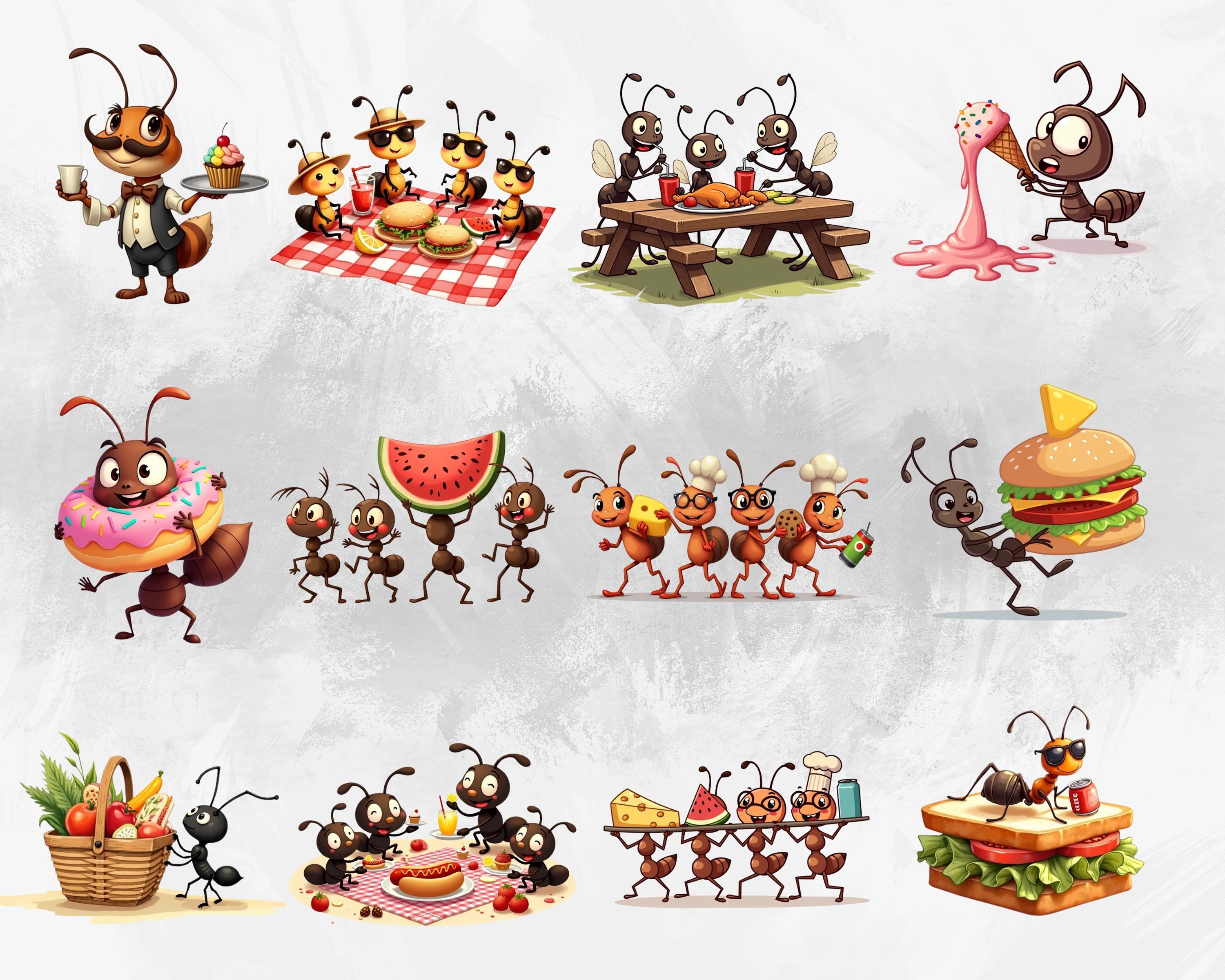 Cute Picnic Ants Clipart Bundle, Watercolor Insect PNG Graphics, Summer ...