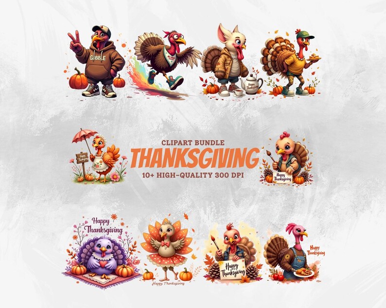 Thanksgiving Clipart Bundle PNG, Cute Turkey PNG, Fall Pumpkin ...