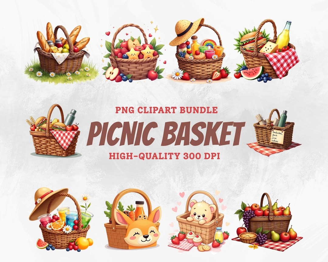 Watercolor Picnic Basket Clipart Bundle, Picnic Basket PNG, Picnic ...