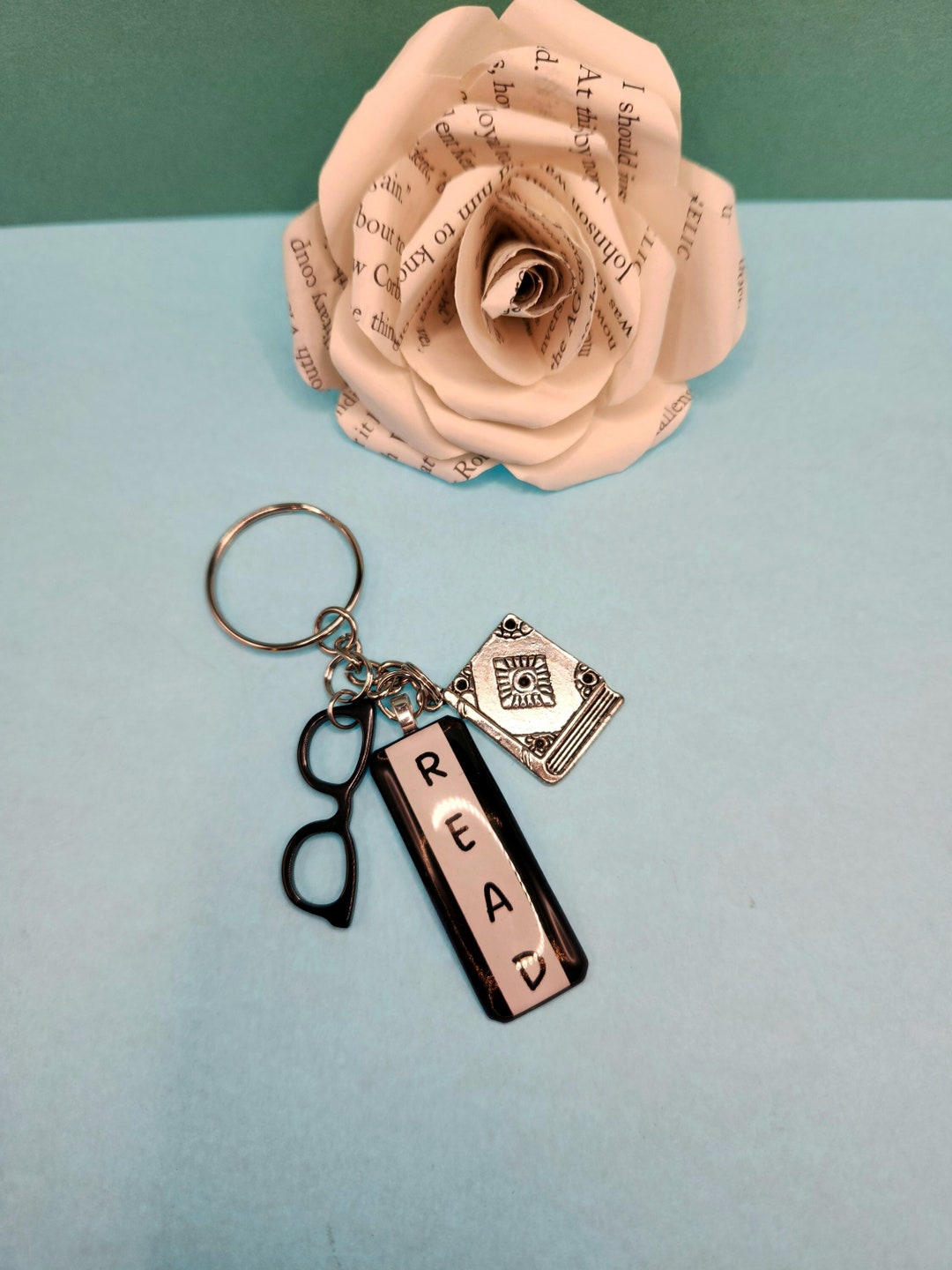 Key Ring Has READ Charm in Black and White Resin With Glasses and ...