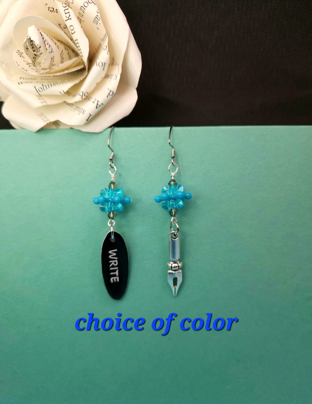 Asymmetrical Pen Earrings W Calligraphy Nib Resin Write Bead, Choice of ...