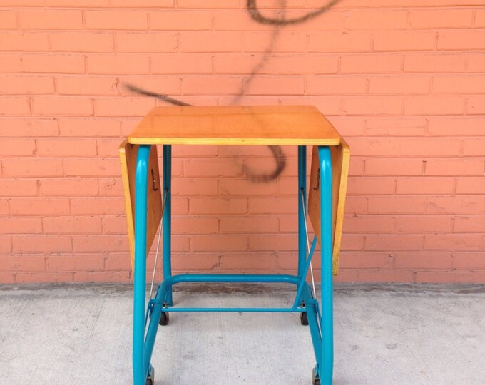 SALE Vintage Industrial Wood Typewriter Table With Blue Metal Base - Etsy