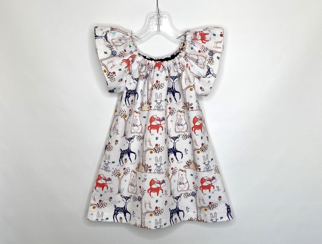 Girls Woodland Animals Dress: Fox Deer Bear Print, Handmade Cotton ...