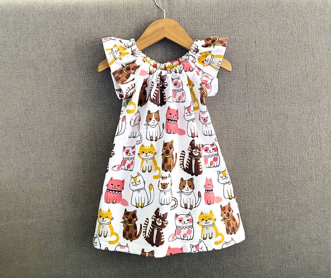 New! Kitty Cat Dress With Flutter Sleeves, Cute White Peasant Dress ...
