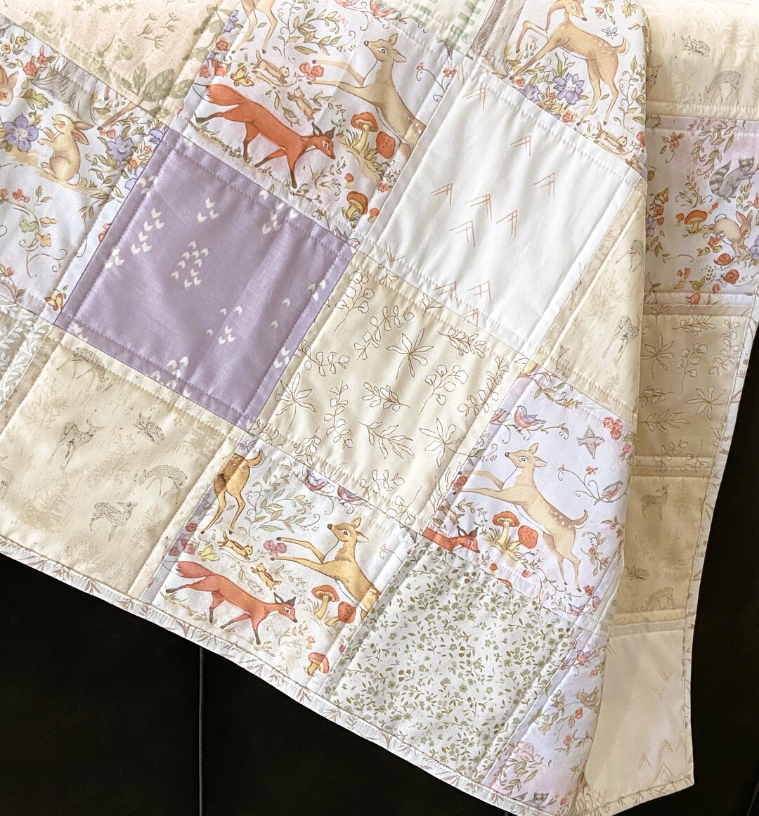 New Woodland Animals Baby Quilt W/deer and Fox, Handmade Patchwork ...
