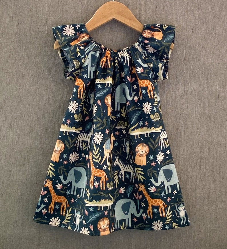 Girls' Teal Jungle Animals Dress: Handmade Cotton Flutter Sleeve Frock ...