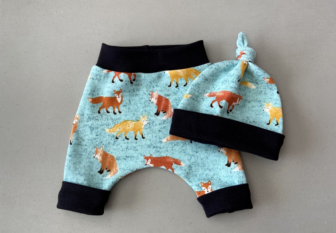 Fox Print Jogger Pants: Babys Cotton Knit Harem Pants, Optional Beanie ...