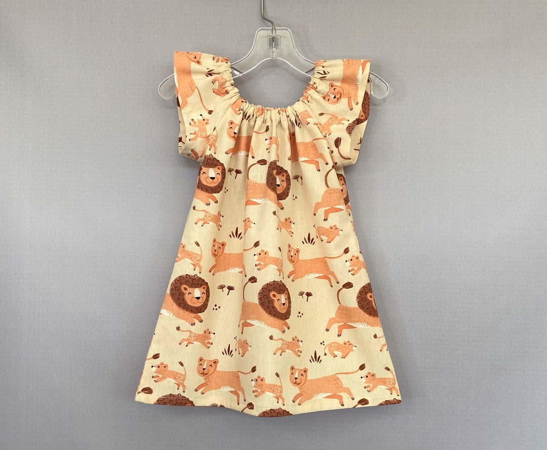 Last One Girls Lions Dress With Flutter Sleeves, Yellow Pullover Frock ...