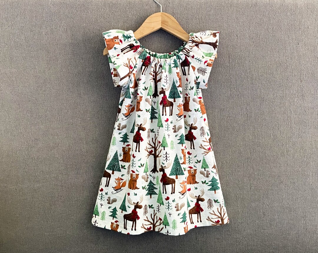New! Girls Woodland Dress With Moose Bear Fox and Squirrel, Cotton ...