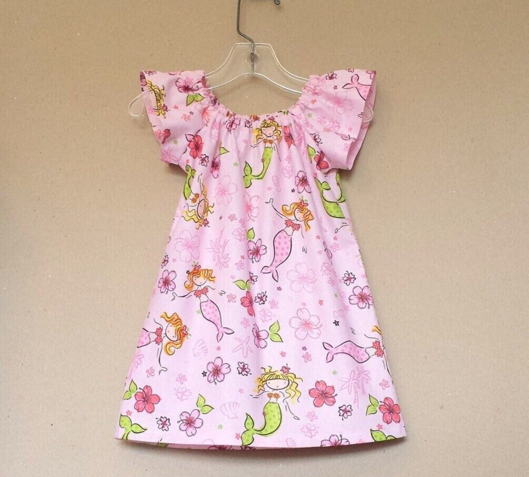 Girls Pink Mermaid Dress With Flutter Sleeves, Mermaid Peasant Dress ...