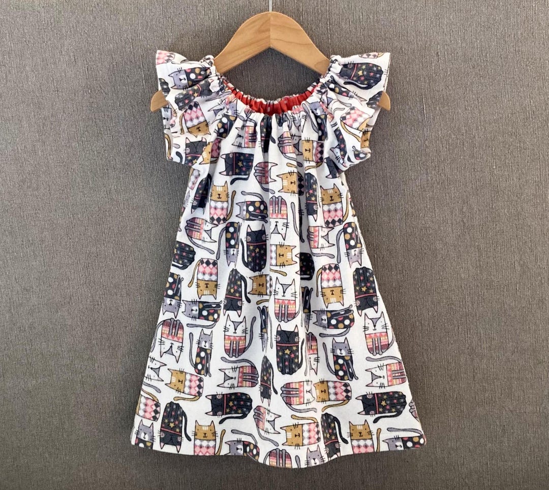 New! Kitty Cat Dress With Flutter Sleeves, Cute White Peasant Dress ...