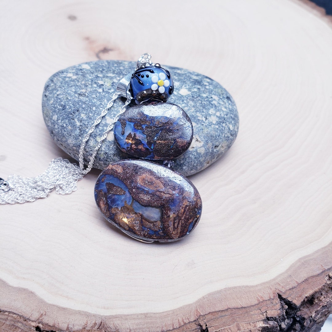 Australian Boulder Opals With Blue Flash Hand Made Glass Daisy Bead and ...