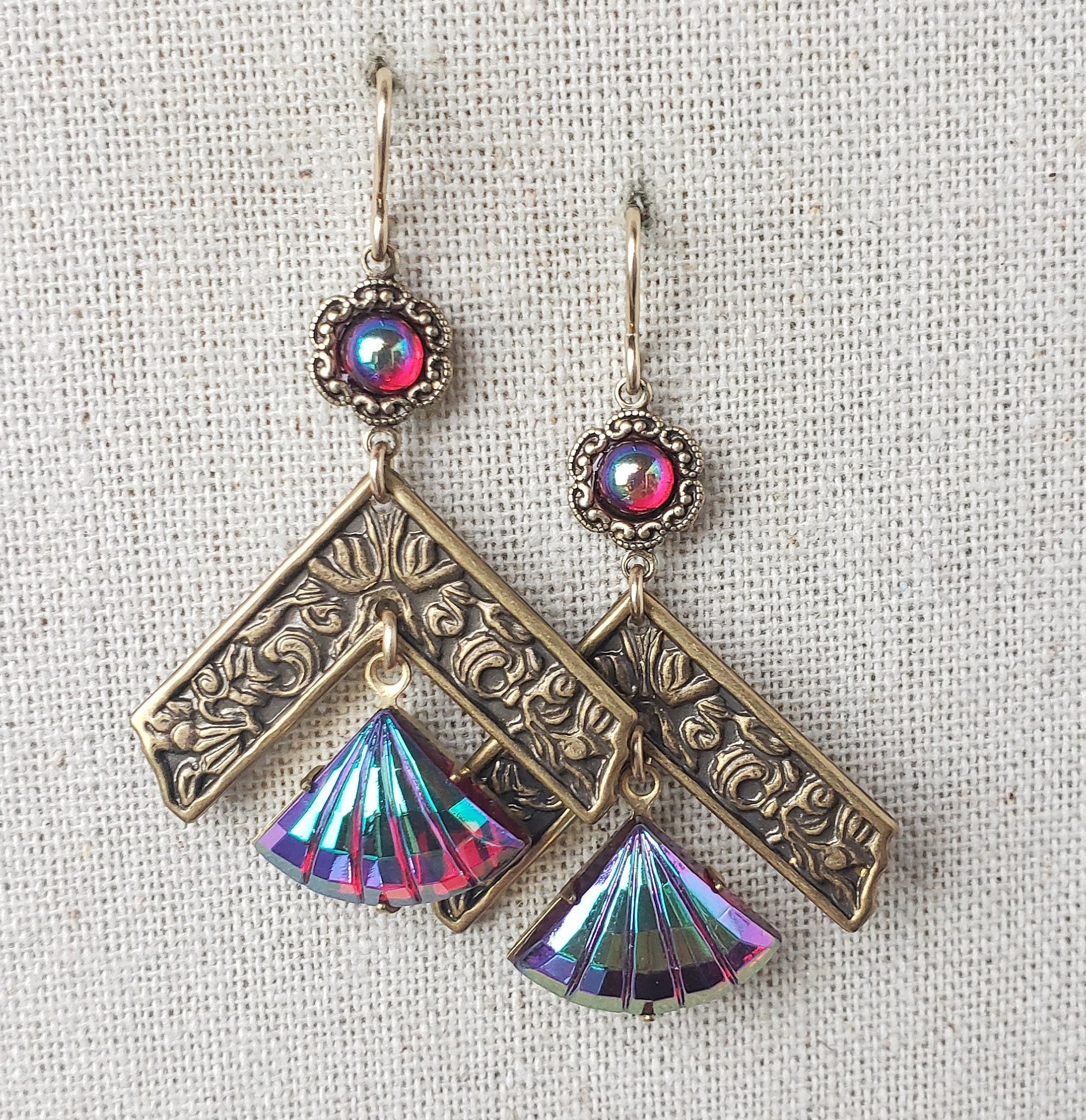 Vintage Art Deco Red Carnival Glass Fans, Embossed Gold Filled Earrings ...