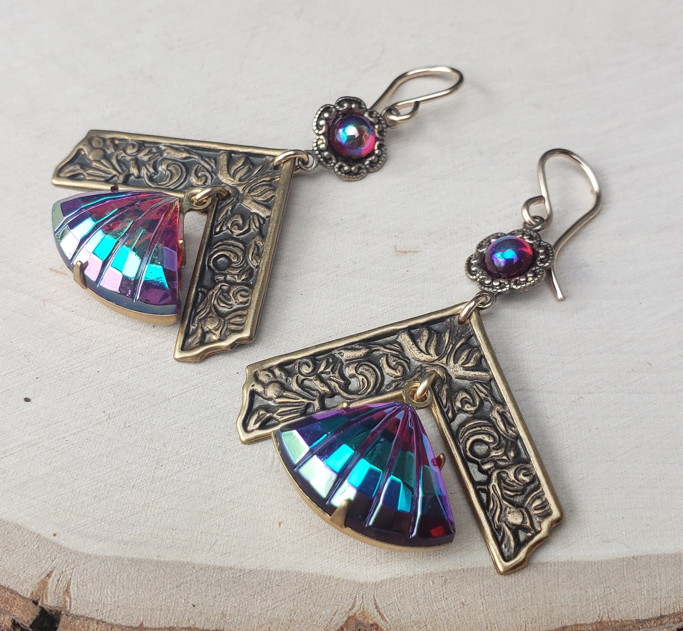 Vintage Art Deco Red Carnival Glass Fans, Embossed Gold Filled Earrings ...