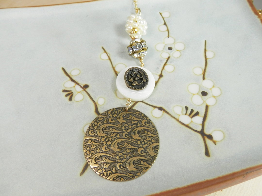 Antique Button Floral Drop Freshwater Pearl and Vintage - Etsy
