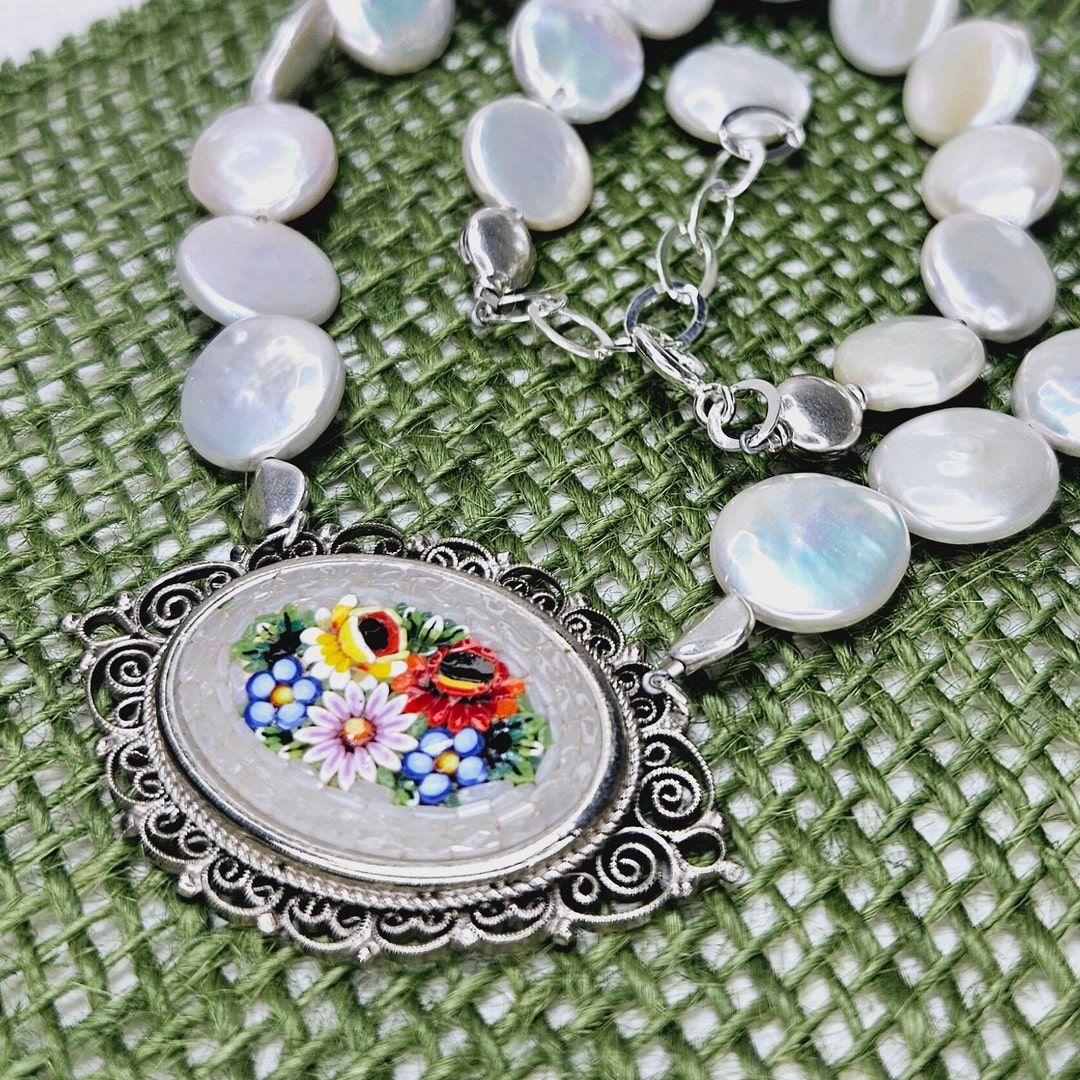 Vintage Upcycle Italian Micro Mosaic White W/ Mixed Flowers and White ...
