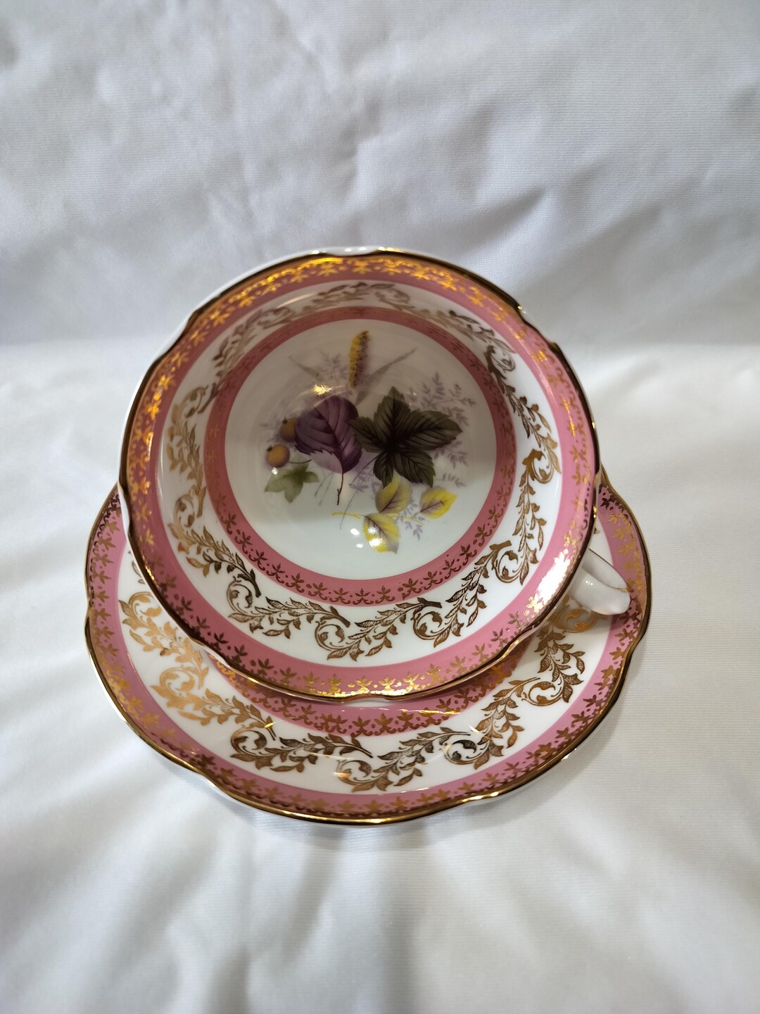 Royal Grafton Tea Cup Saucer Bone China Pink Bands Leaf Berry Cup ...