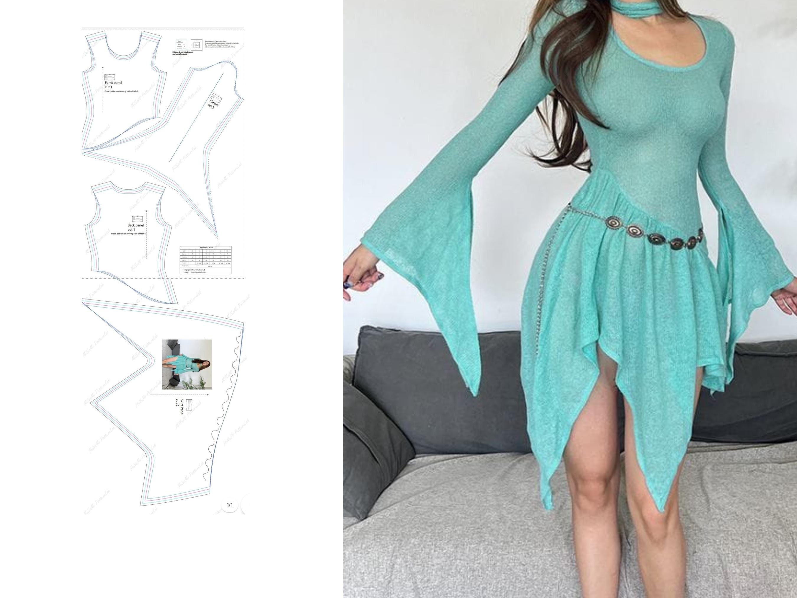 Y2K Bell Sleeve Bodycon Dress Sewing Pattern: Fairycore Handkerchief ...