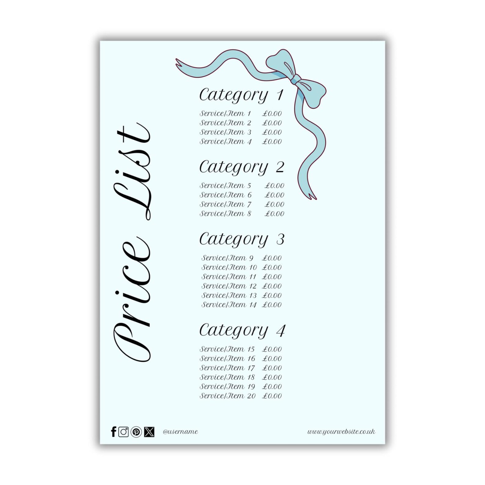 Price List Template - Blue Bow Design - Etsy