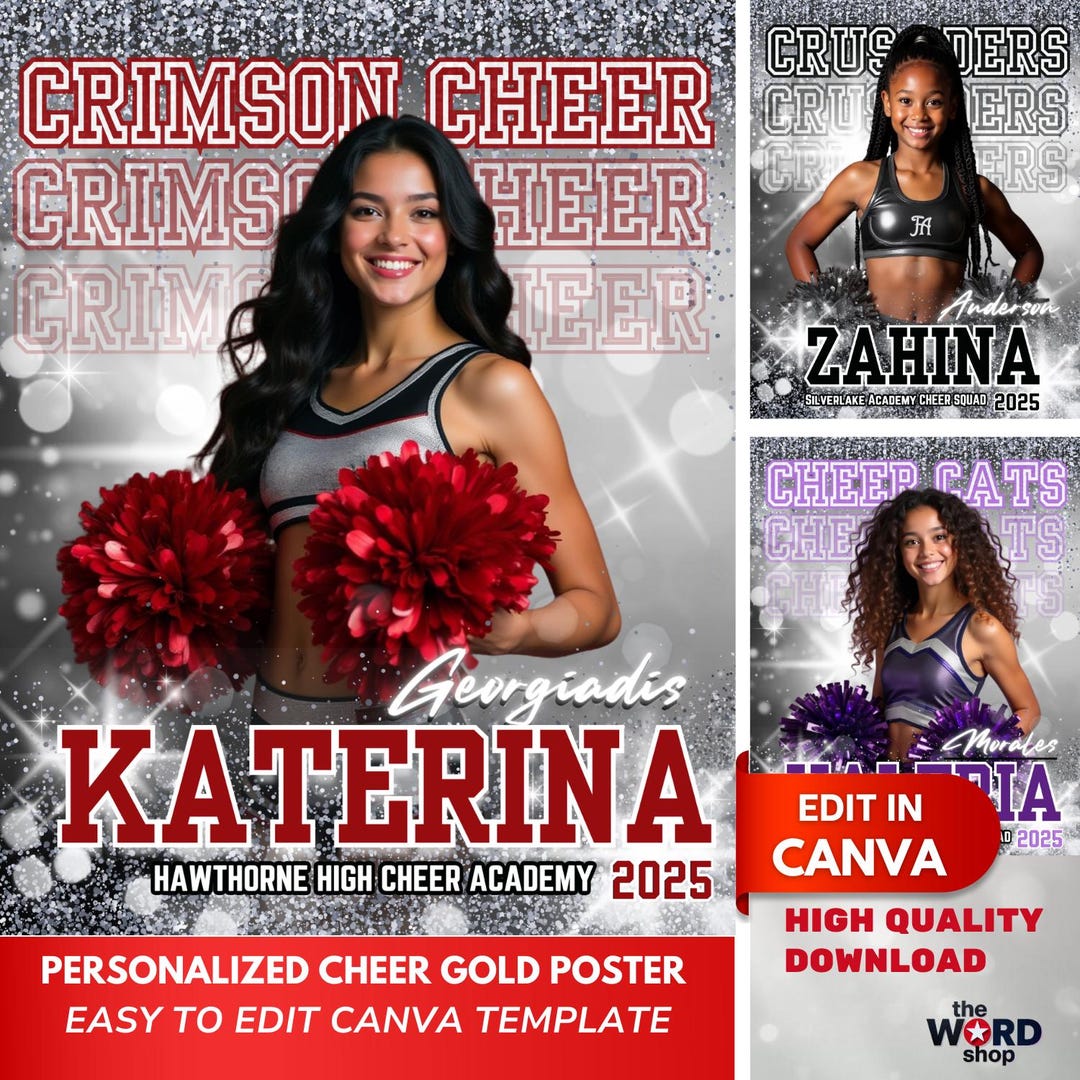 Cheer Poster Canva Template Silver Cheerleader Background Editable ...