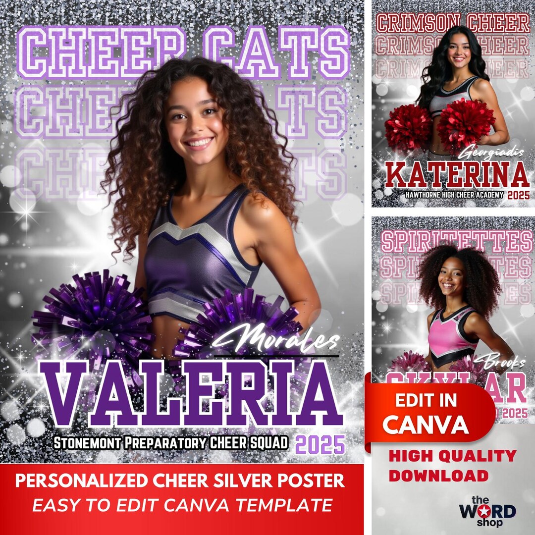 Editable Cheerleader Poster Template | Silver Cheer Backdrop 16x20 ...