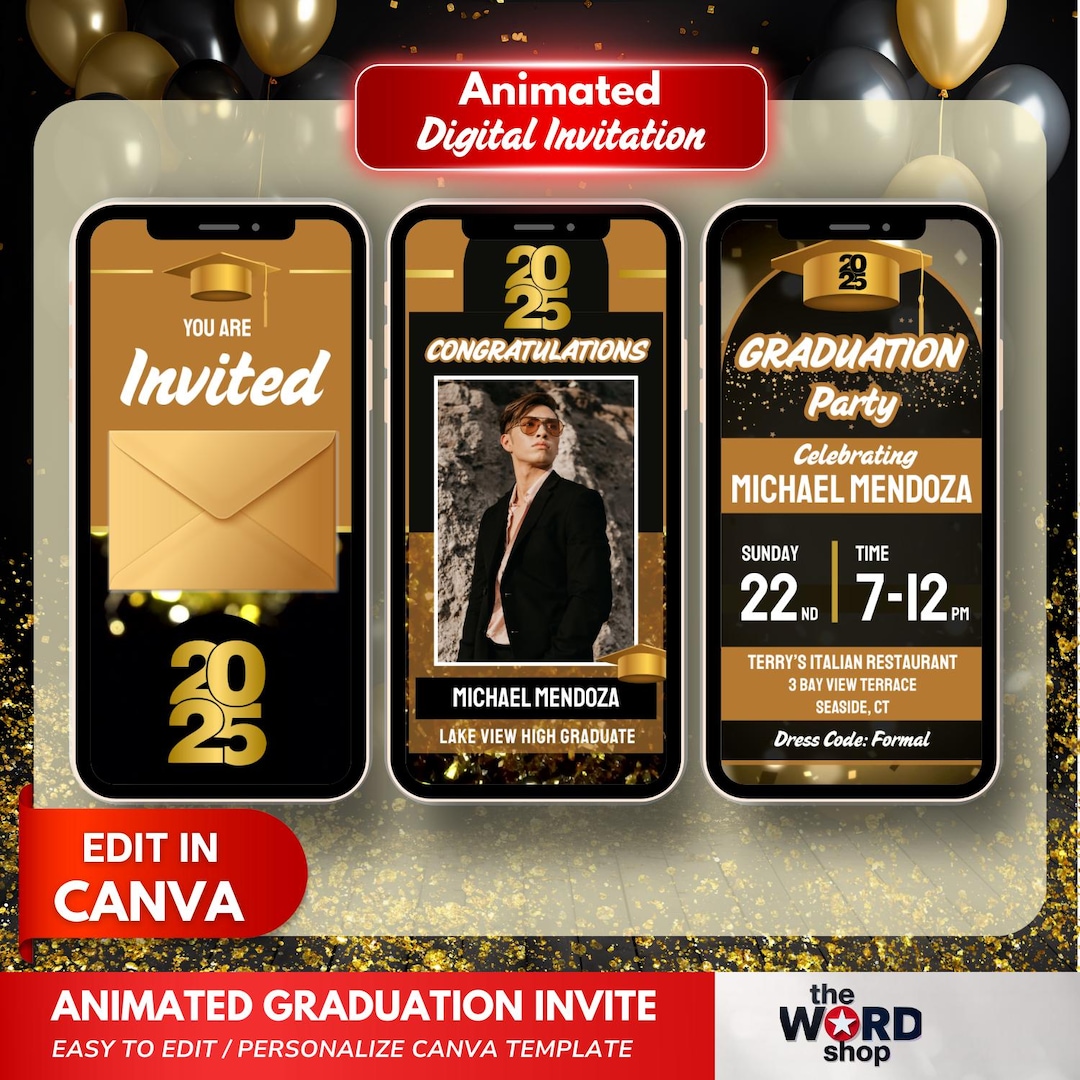 Graduation Digital Invitation Canva Template 2025 Black Gold Custom ...