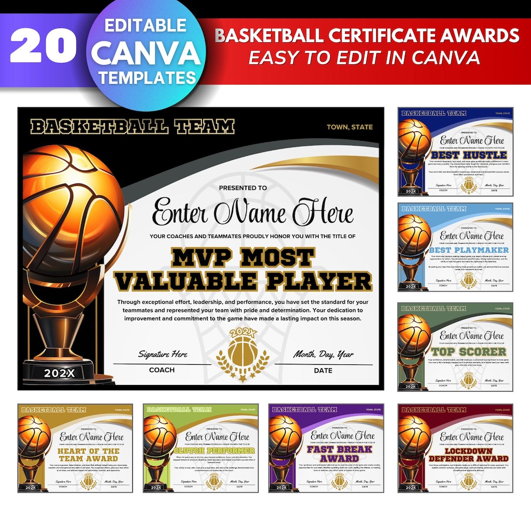 Basketball Award Editable Certificates Canva Template – End of Season ...