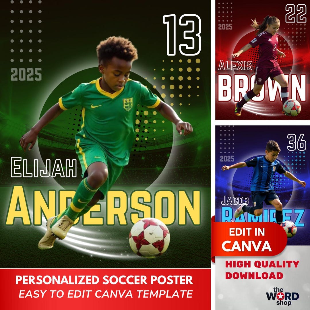 Soccer Poster 16x20 Canva Template Design Custom Soccer Portrait Edit ...