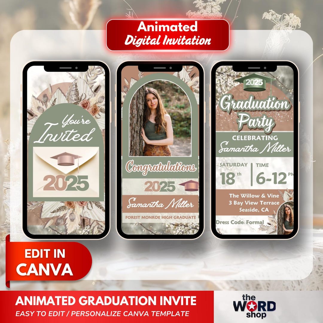 Floral Graduation Digital Invitation Canva Template 2025 Editable Grad ...