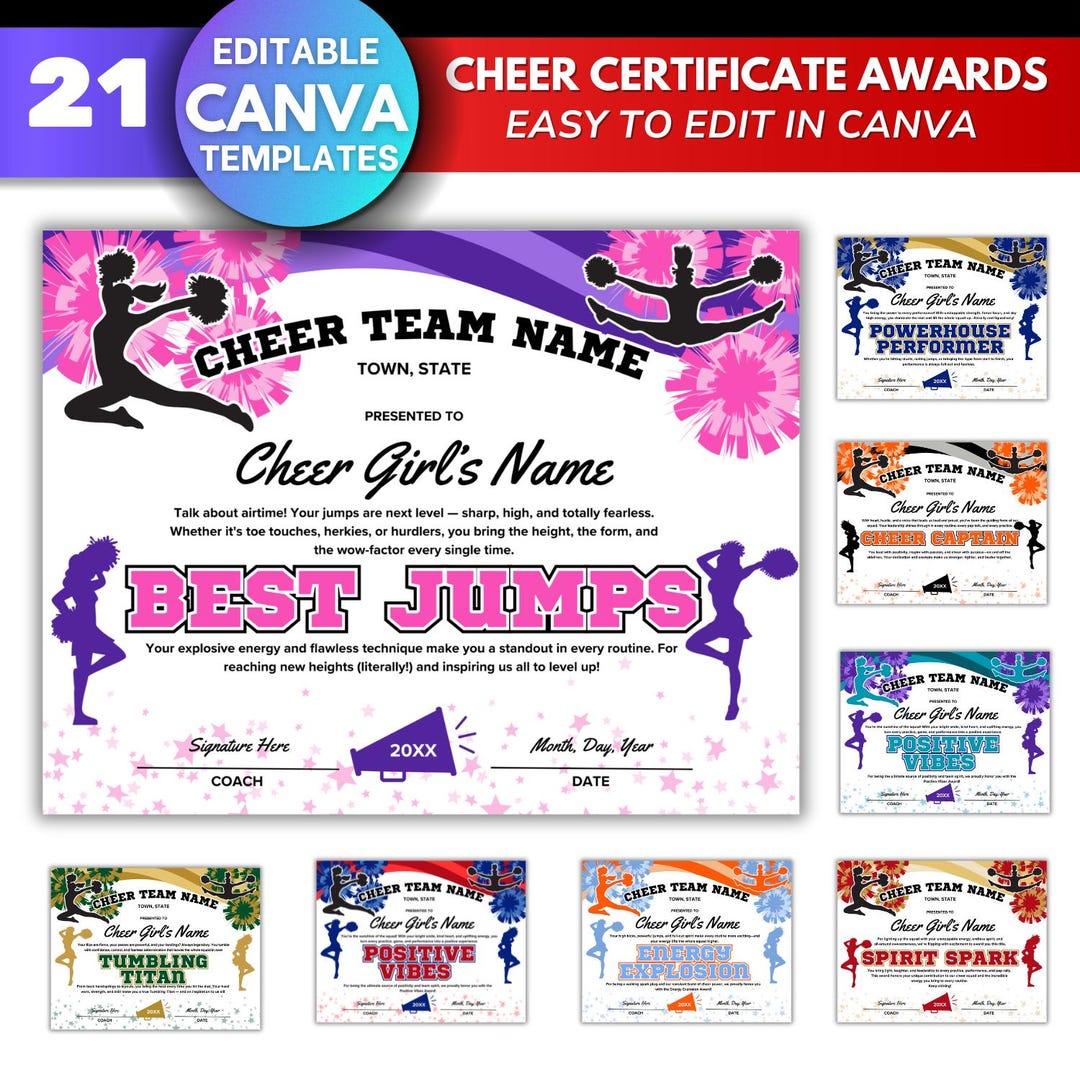 Editable Cheer Award Certificate Templates 21 Canva Cheerleader Awards ...