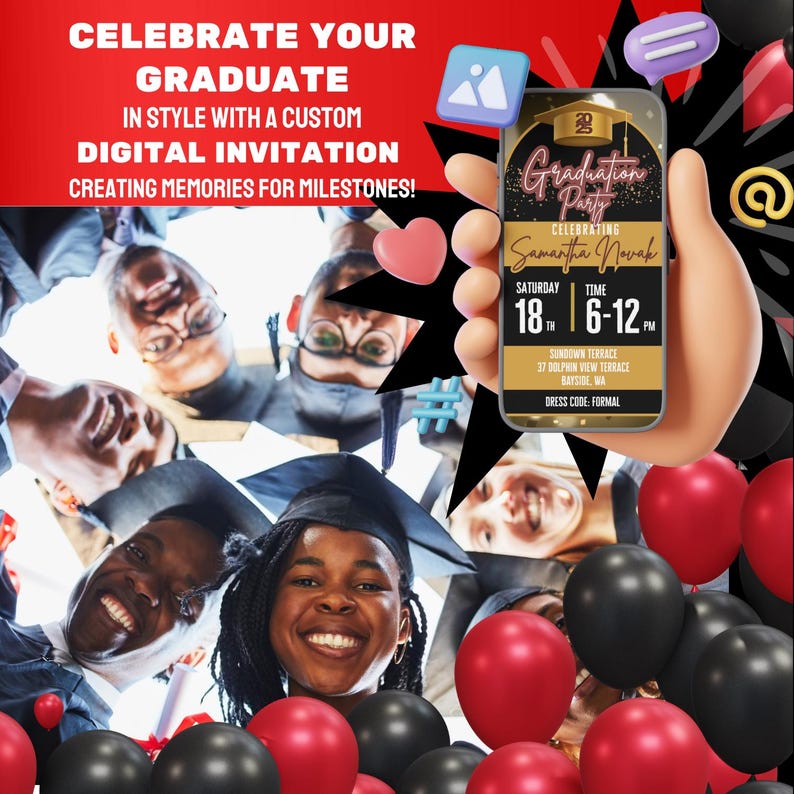 Graduation Digital Invitation Canva Template 2025 Red Gold Custom ...