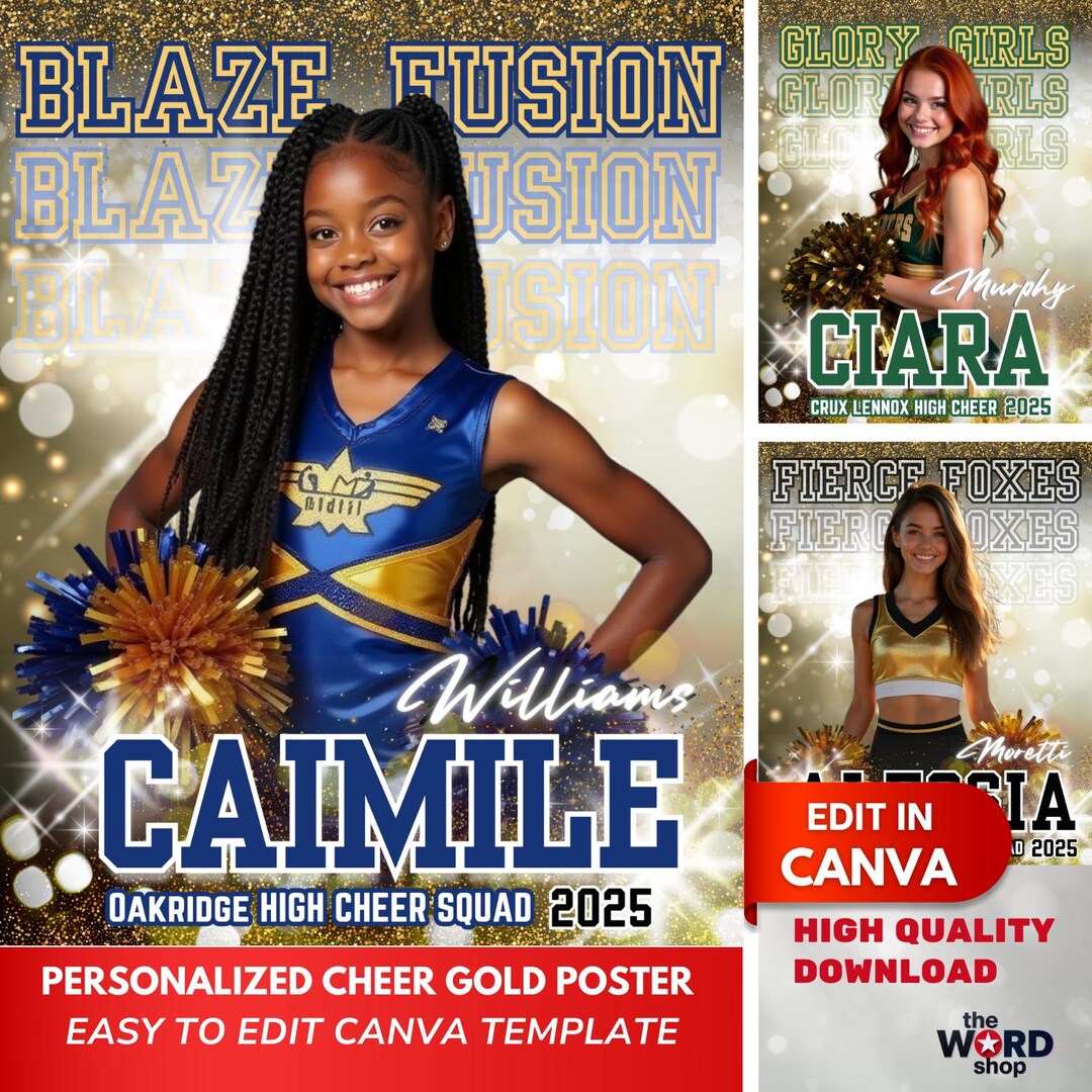 Cheer Poster Canva Template Gold Cheerleader Background Editable Canva ...