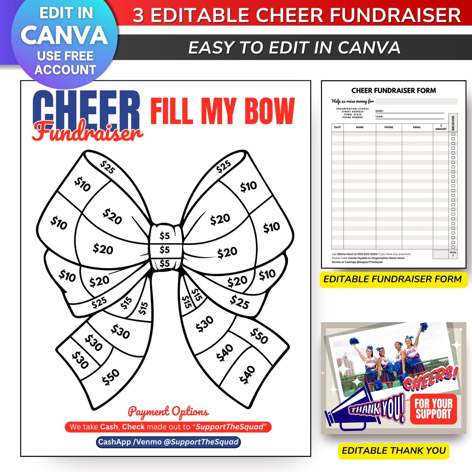 Editable Cheer Fundraiser Forms Canva Fill My Bow Graphic, Sales ...