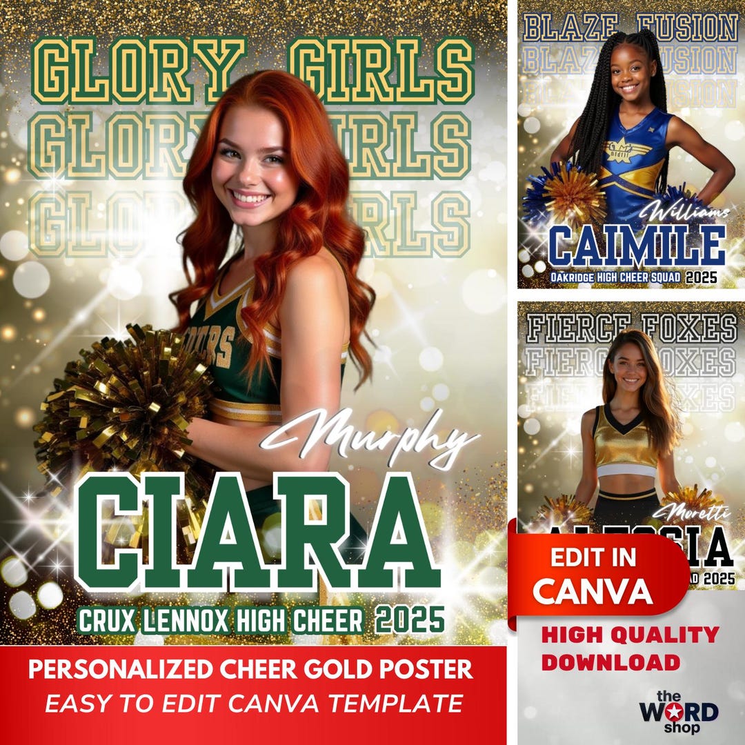 Cheerleader Poster Canva Template 16x20 Gold Cheerleading Background ...
