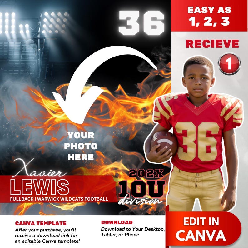 Football Poster Template: Custom Canva Design, Youth Portrait Team Gift ...