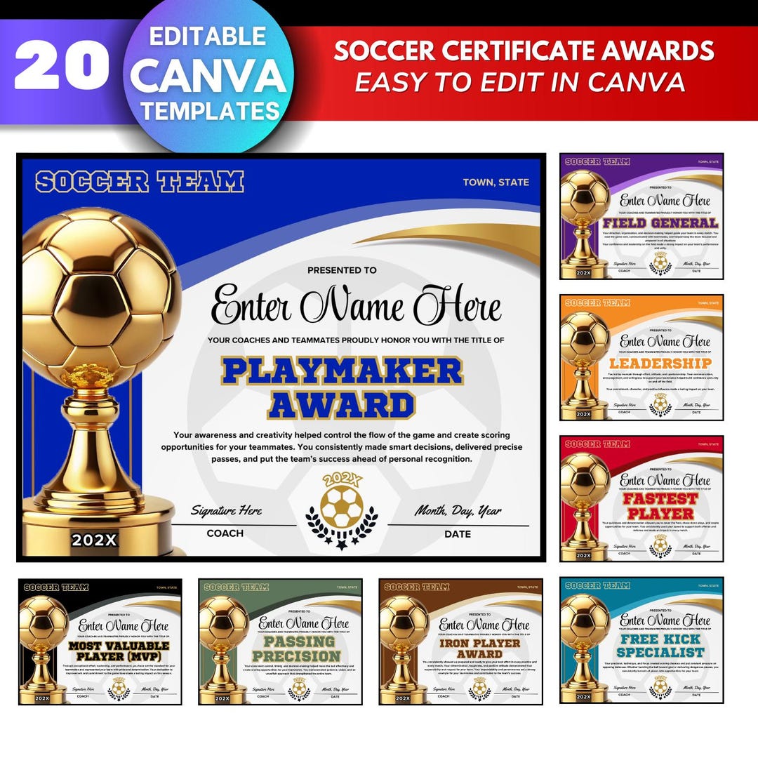 Soccer Award Certificates - Editable Canva Templates (digital Download ...