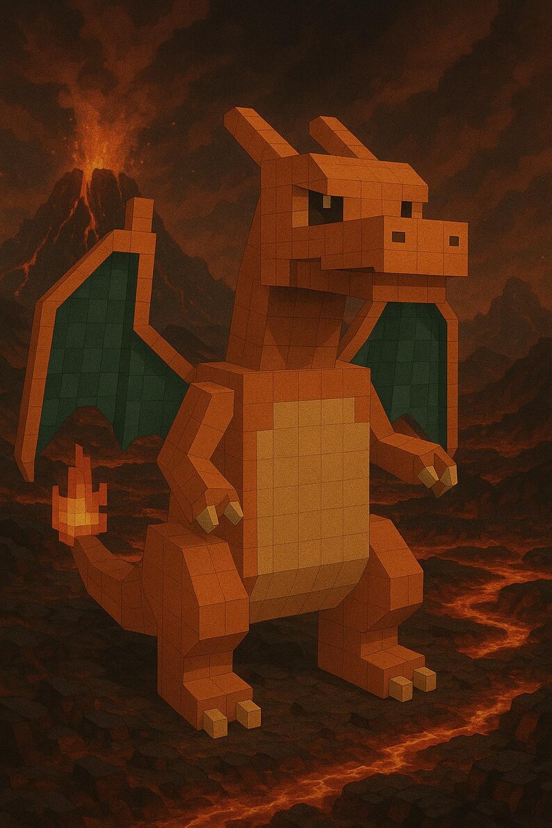 Minecraft Style Charizard Pokemon Digital Art Print A3 – Blocky Pixel ...