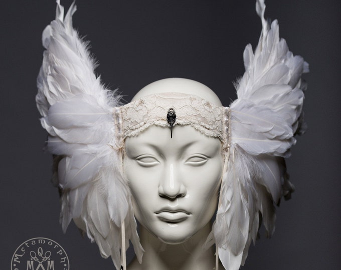 White Feather Headdress / Valkyrie Winged Headpiece / Pagan Wedding ...