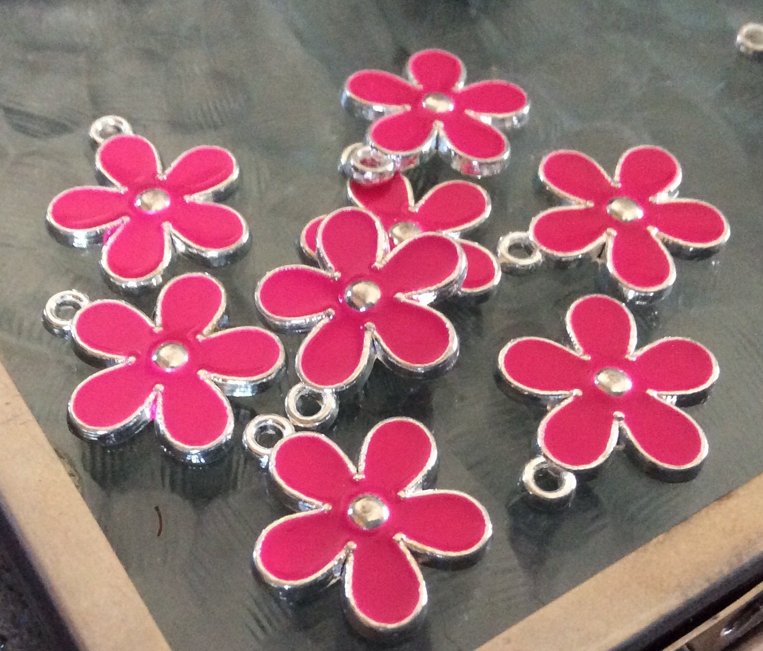 6 Enameled Flower Charms in Light Pink Navy Blue Black Red | Etsy