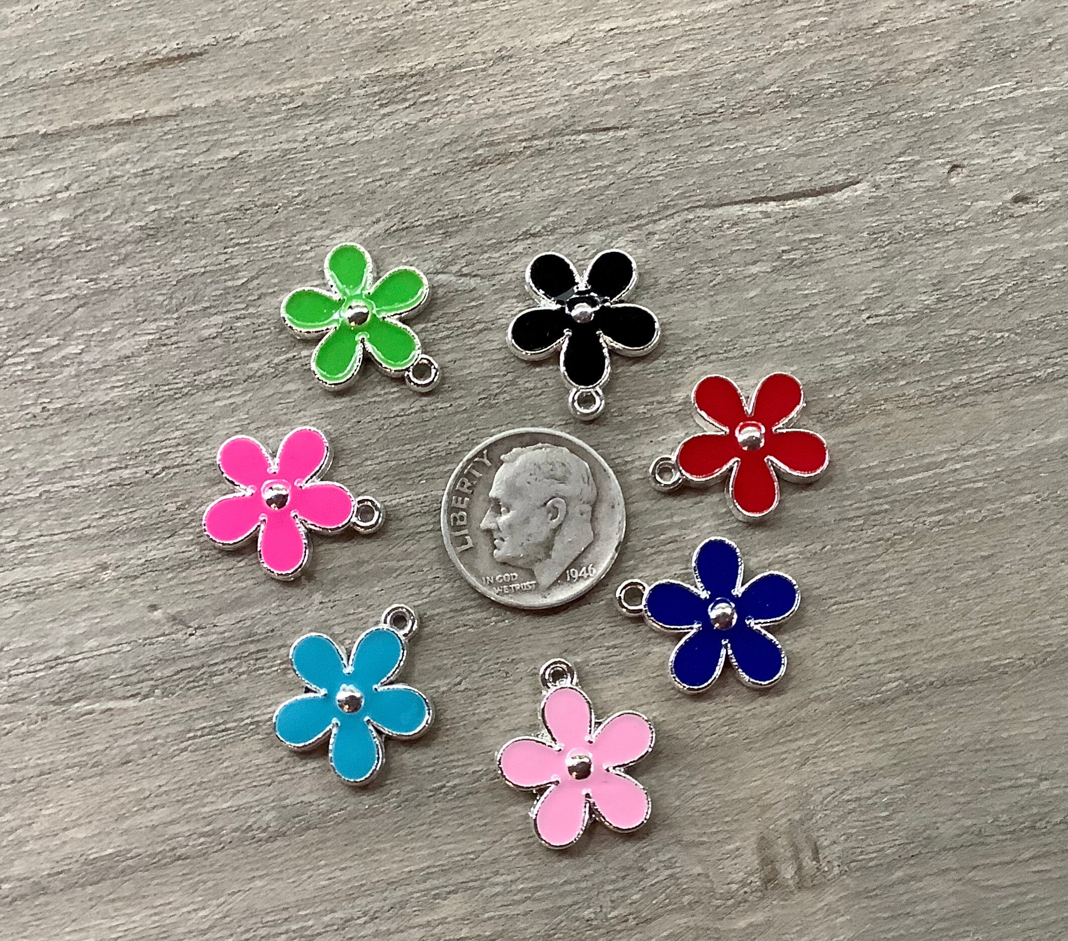 6 Enameled Flower Charms in Light Pink Navy Blue Black Red | Etsy