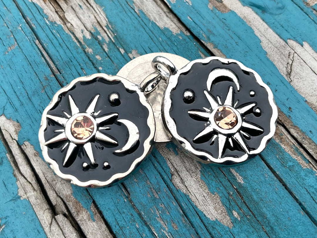 2 Celestial Silver Sun, Moon and Stars Pendants on Black Enamel, 24mm X ...