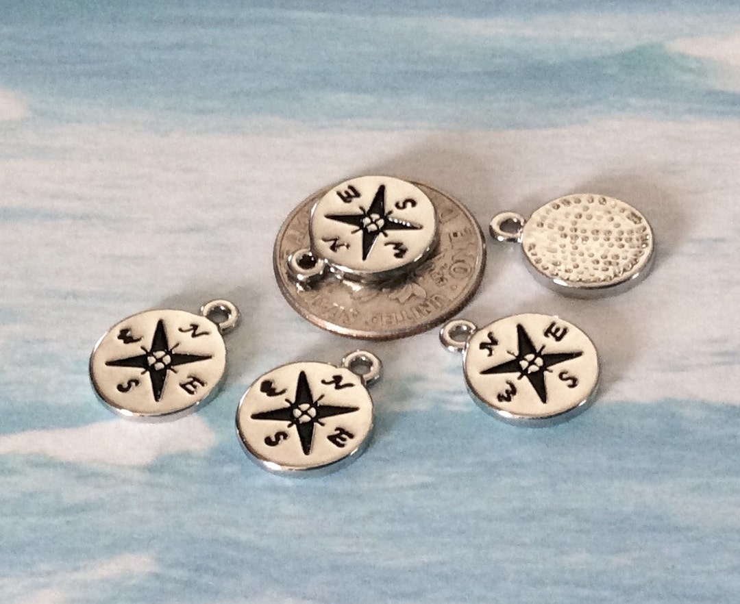 5 Small Compass Charms, Nautical Charms, Hiking Pendants, Silver Plated ...