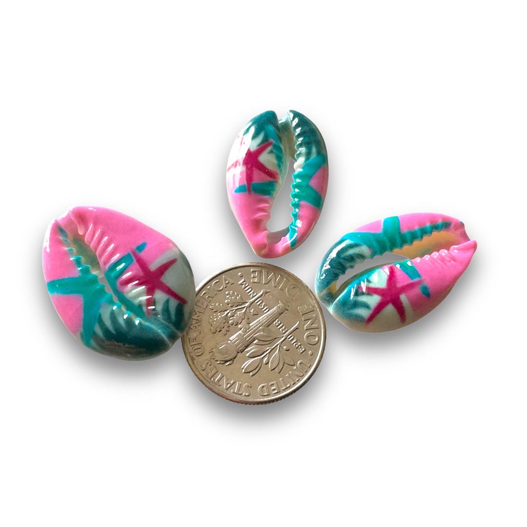 3 Teal, Pink and White Shell Beads, Hand Painted Cowrie Shells, 10mm X ...