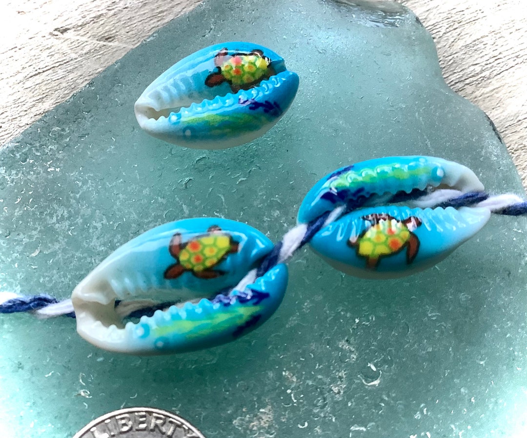 3 Sea Turtle Cowrie Shell Beads, Hand Painted Cowrie Shells, 10mm X ...