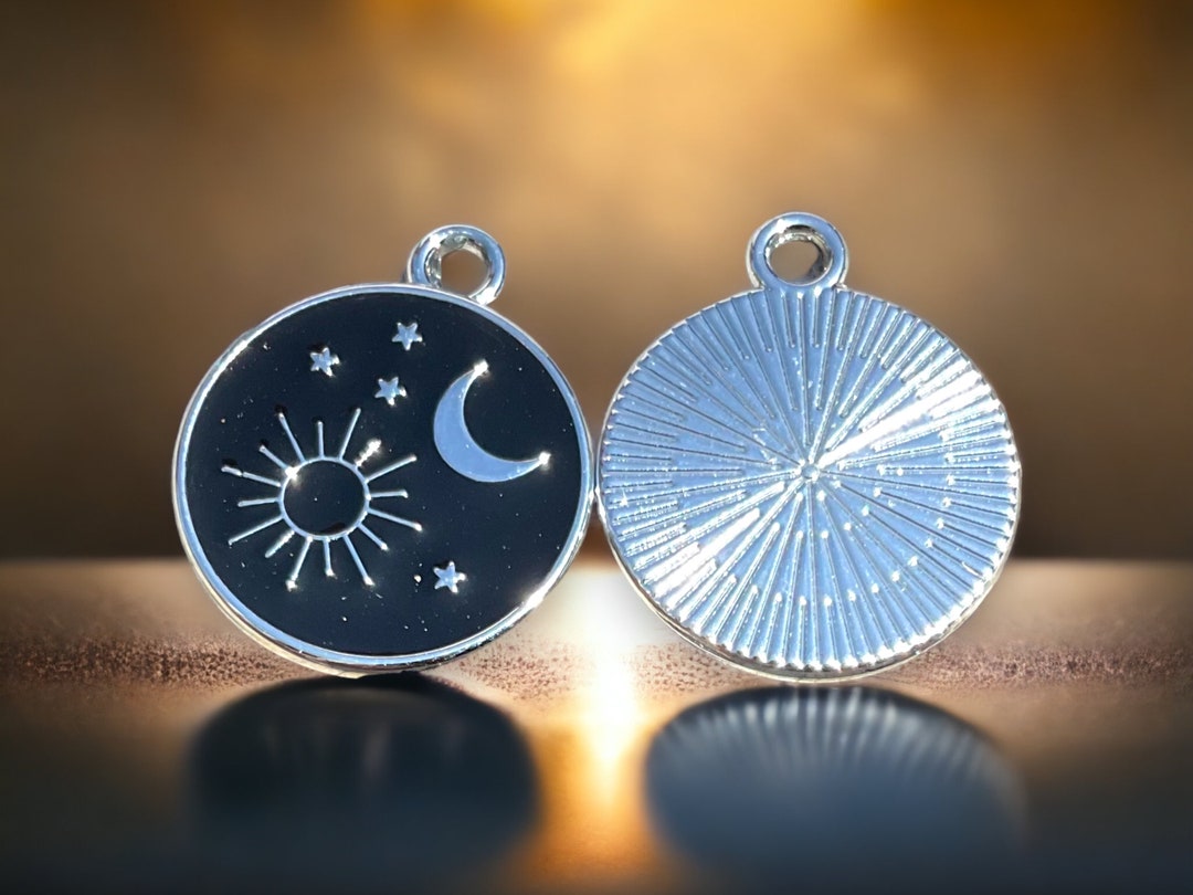2 Celestial Silver Sun, Moon and Stars Pendants on Black Enamel, 20mm X ...