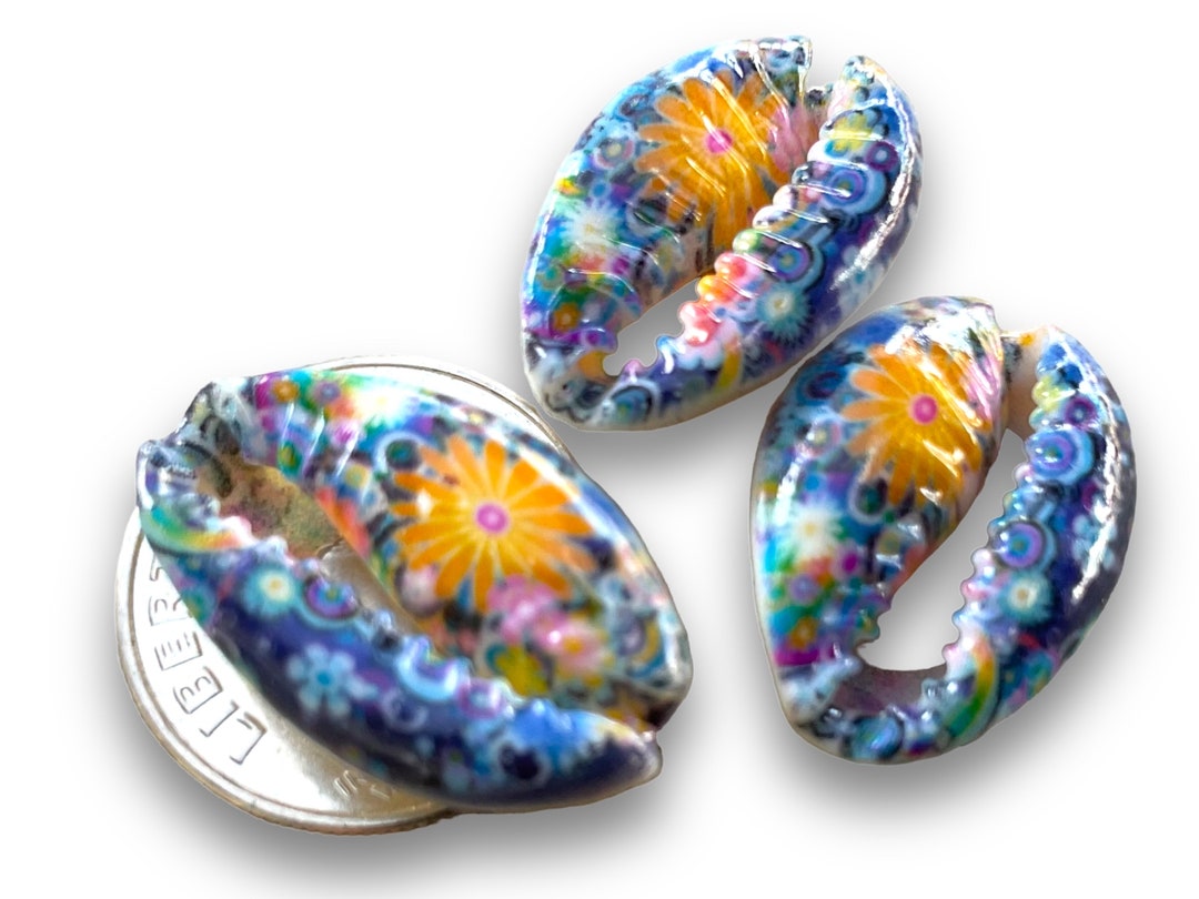 3 Golden Flower Detailed Blue Cowrie Shell Beads, Hand Painted Cowrie ...