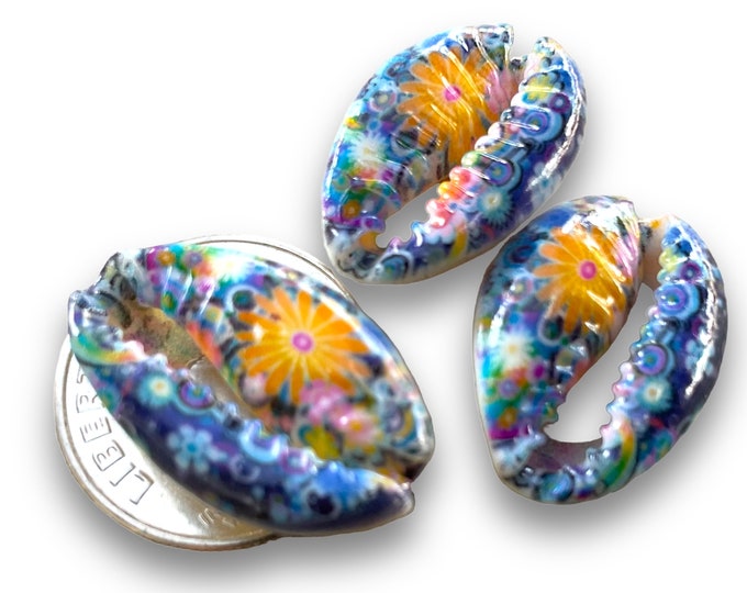 3 Golden Flower Detailed Blue Cowrie Shell Beads, Hand Painted Cowrie ...