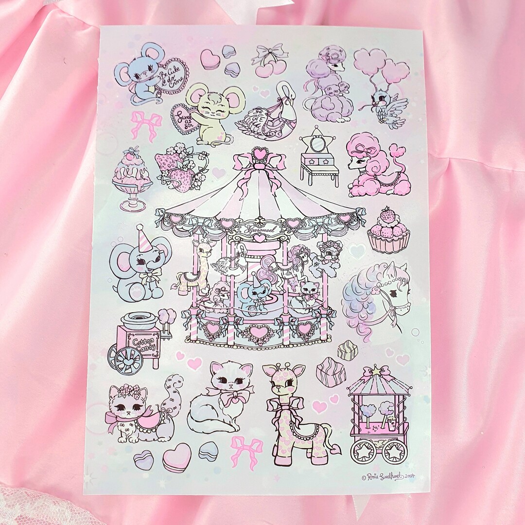 Coquette Carousel Sticker Sheet ~ Kawaii Pastel, Kitsch Bows, Pastel ...